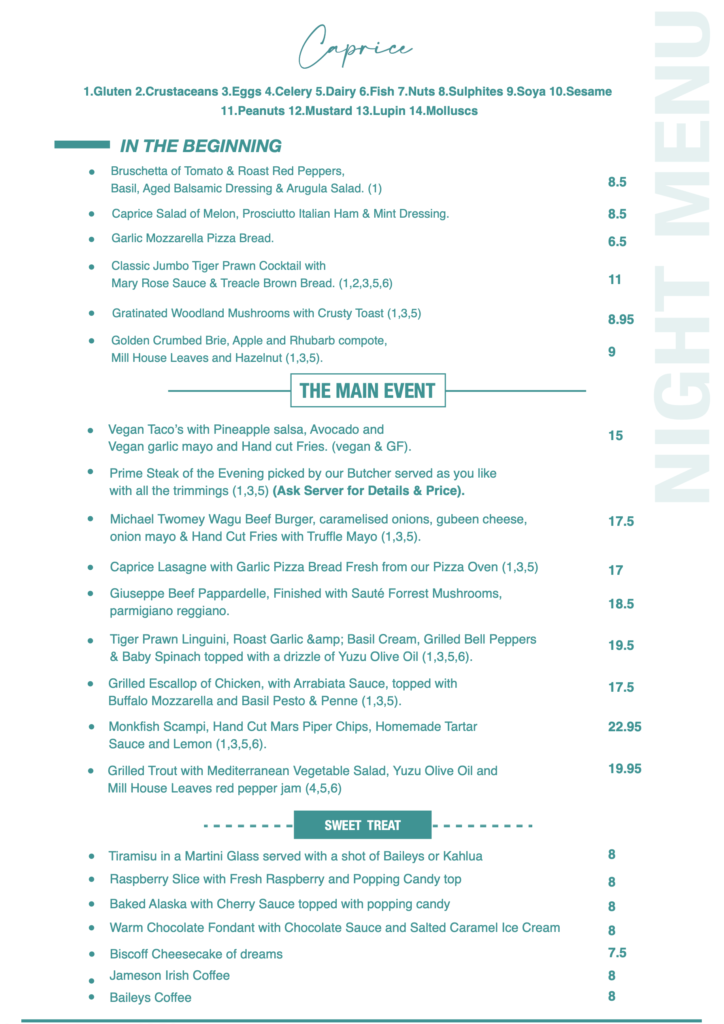 Menus | Caprice Café